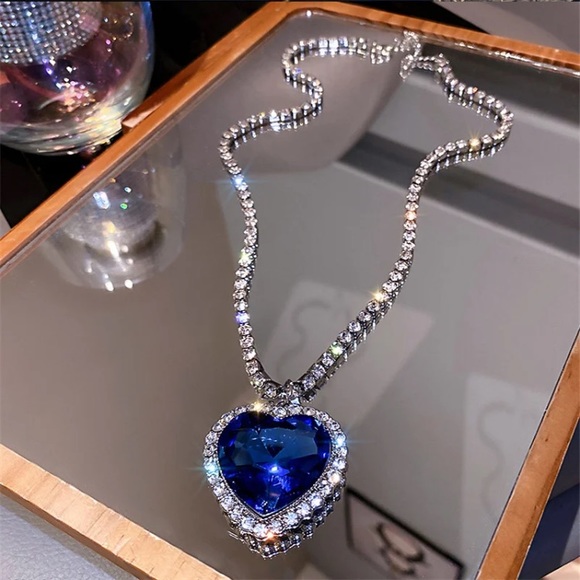 Jewelry | Big Blue Heart Pendant Rhinestone Necklace | Poshmark